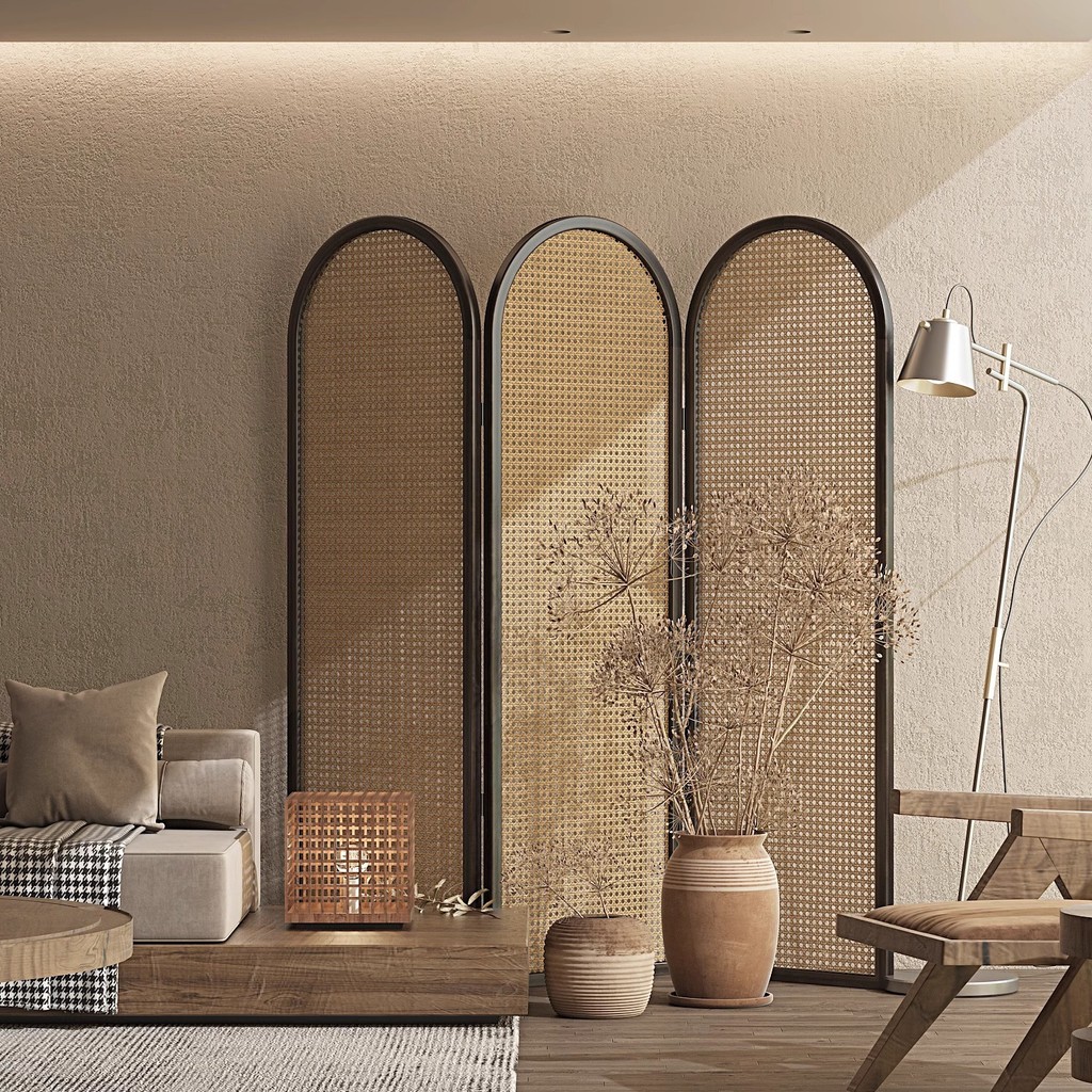 Japanese Style Woven Rattan Screen Partition for Living Room, Solid ...