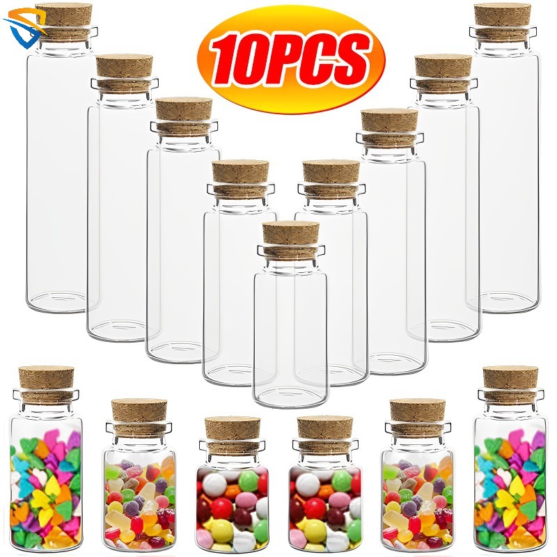 10Pcs 5ml-20ml Small Glass Bottles with Cork Stoppers DIY Mini Glass Vials Cork Message Glass ...