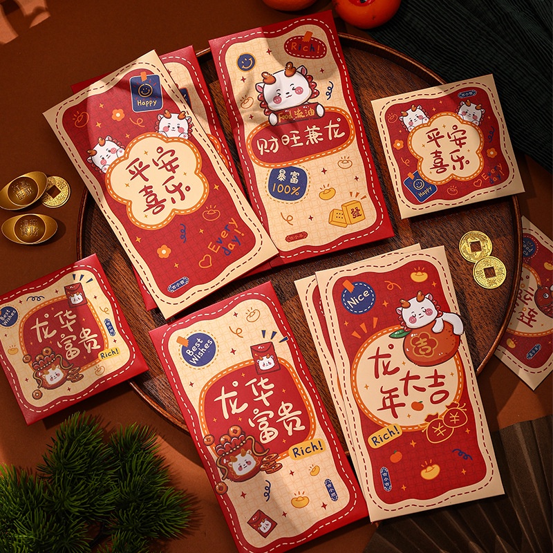 6pcs Set 2024 Cny Red Envelope Spring Festival Chic Creative Red