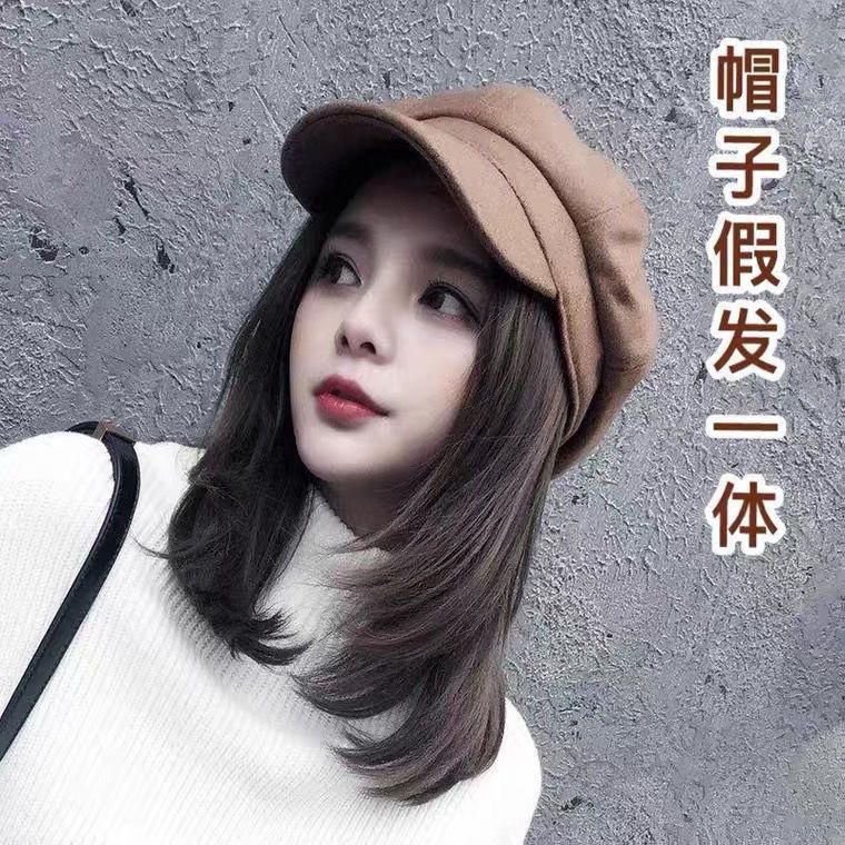 Hat wig, one-piece collarbone hair octagonal beret women Warm All-match ...