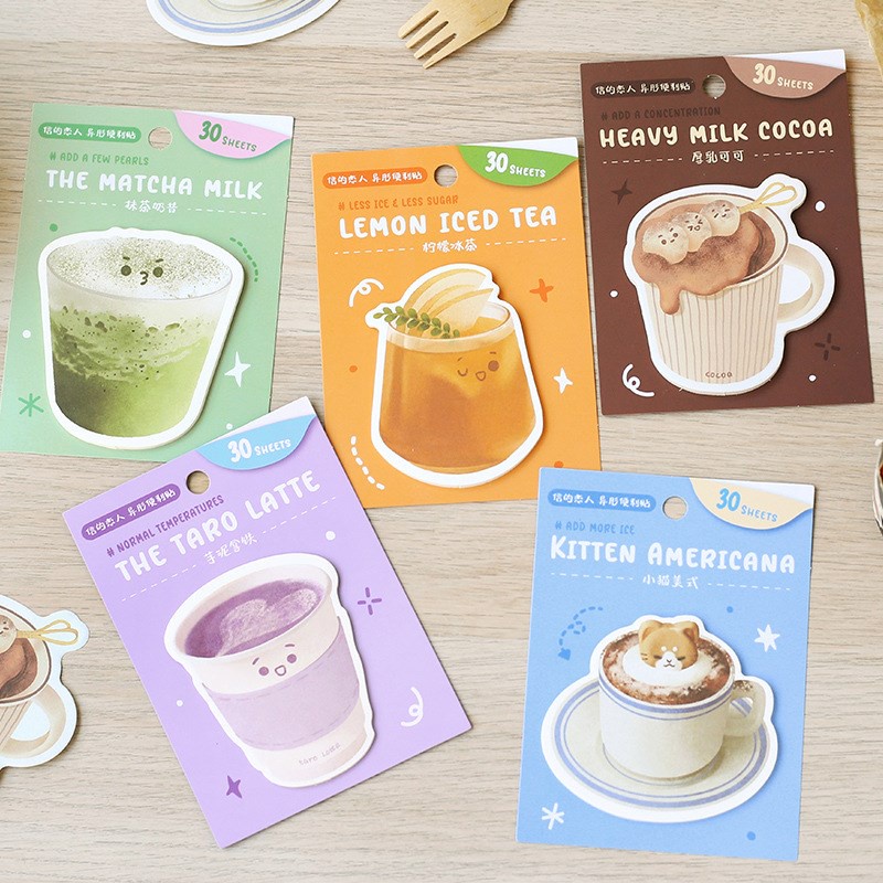 30 Sheets Cute Sticky Notes Coffee drink Shape Markers Flags Self-Stick ...