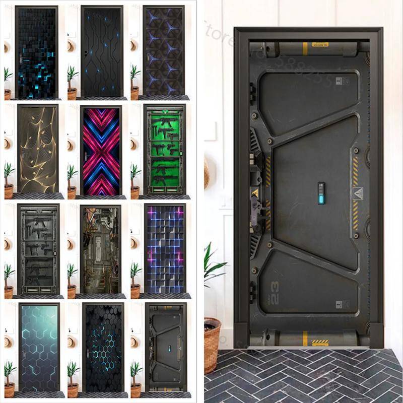 Custom Black Simulation Door Stickers Wallpaper Modern Technology Style ...