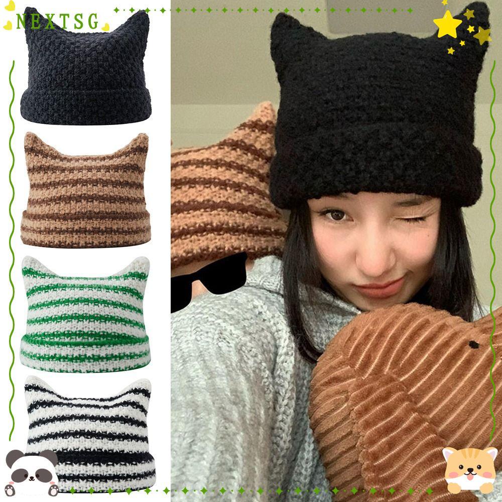 NEXTSG Japanese Beanie Hat Casual Cap Cute Cat Ears Women's Hats Autumn ...