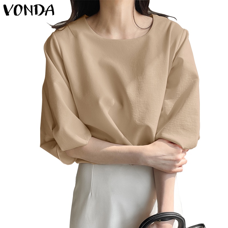 VONDA Women Korean Crew-Neck Seven-Point Sleeve Cuff Knotted Solid ...