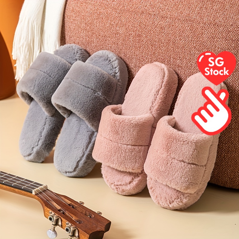 ILVSG Women's Solid Color Faux Fur Slippers, Casual Slipper, Indoor ...