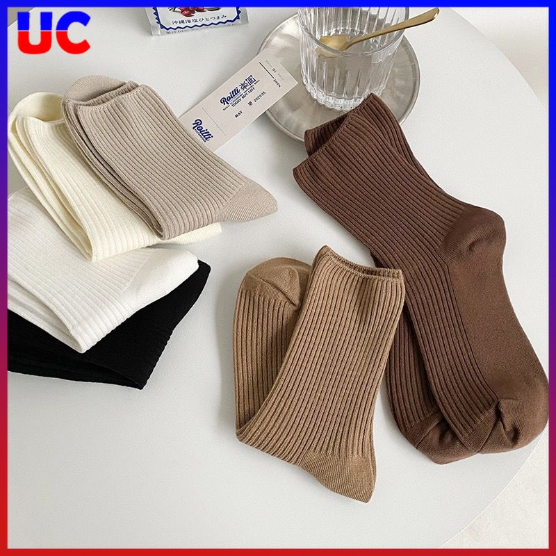 UC_Women's Solid Color Tube Cotton Sock 1 Pair Students Casual Pile ...