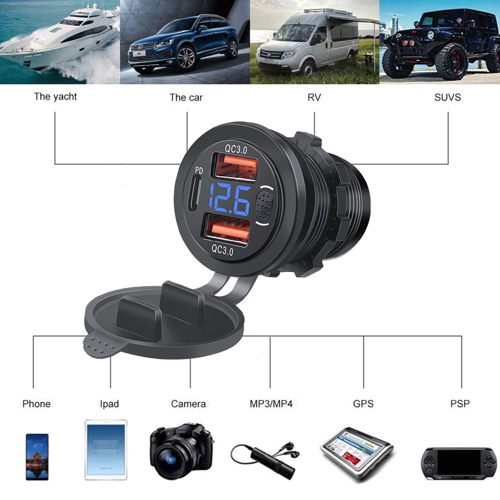 Car Onboard Charger Dual USB Fast Charging QC3.0 Port and PD Socket ...