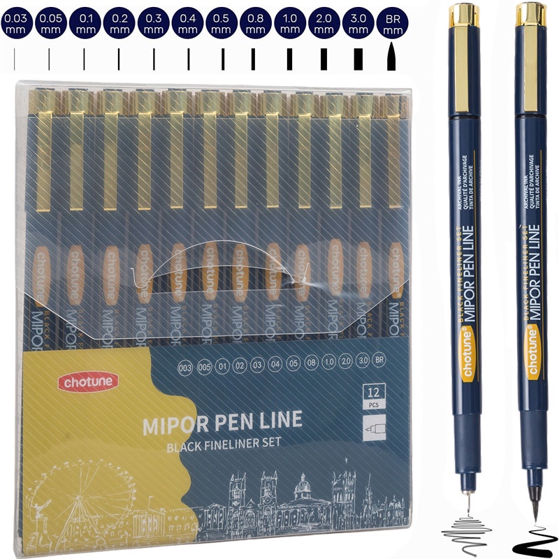 12Pcs Black Fineliner Marker Pens Set Sketching Pigment Liner Drawing ...
