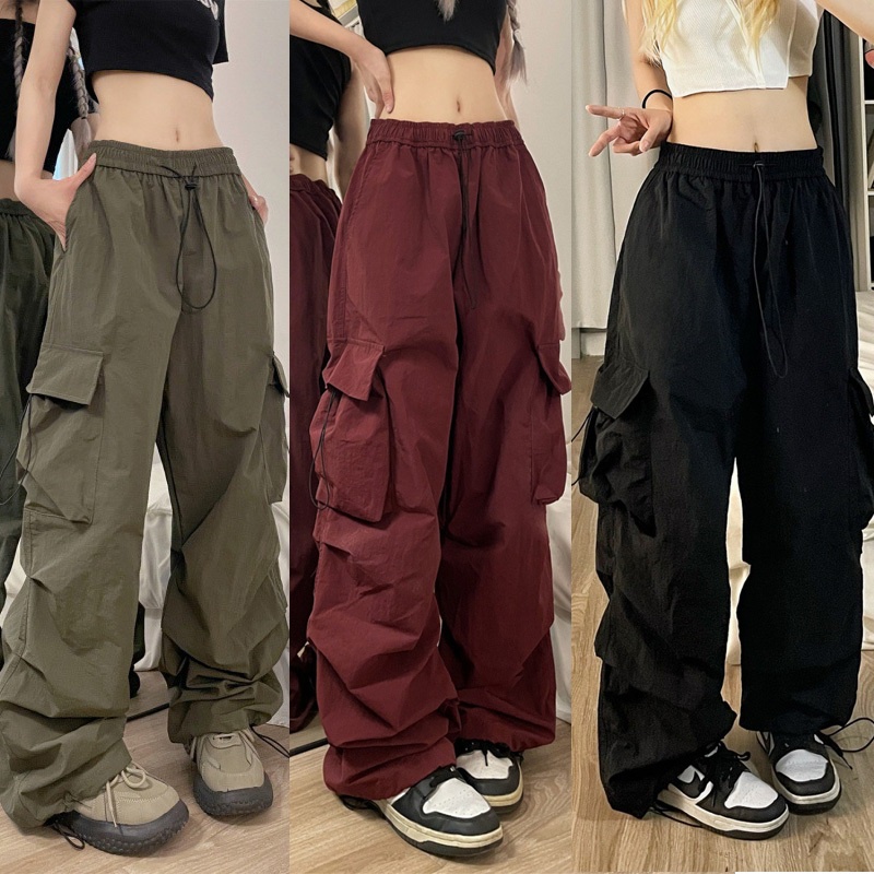 8 Colour Women Cargo Pants Baggy Wide Leg Straight Long Pants Big ...