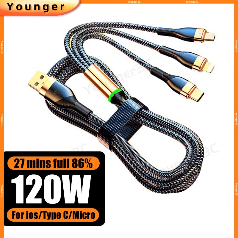 120W Super Fast Charger Cable With indicator light 3 In 1 Gilding ...
