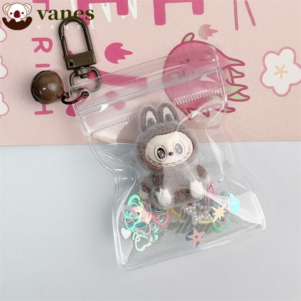 VANES Flocking Labubu Key Ring, Waterproof Transparent Sit Down Labubu ...