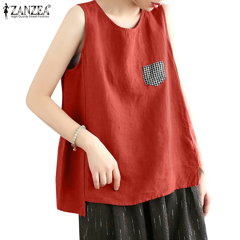 ZANZEA Women Korean Plaid Patch Pocket Patchwork Sleeveless Round Neck ...