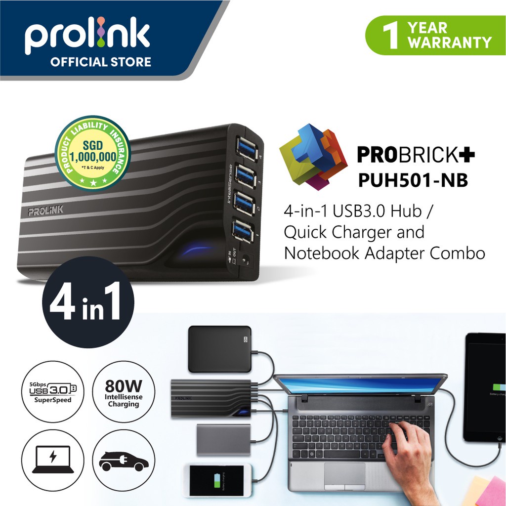 [5Gbps Super-Speed] Prolink 80W Probrick+ 4-in-1 USB Hub/ Quick Charger & Netbook Adapter ...