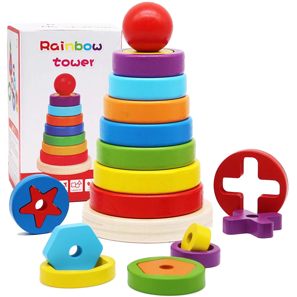 Montessori Wooden Rainbow Tower Sorting Stacking Rings Building Puzzles ...