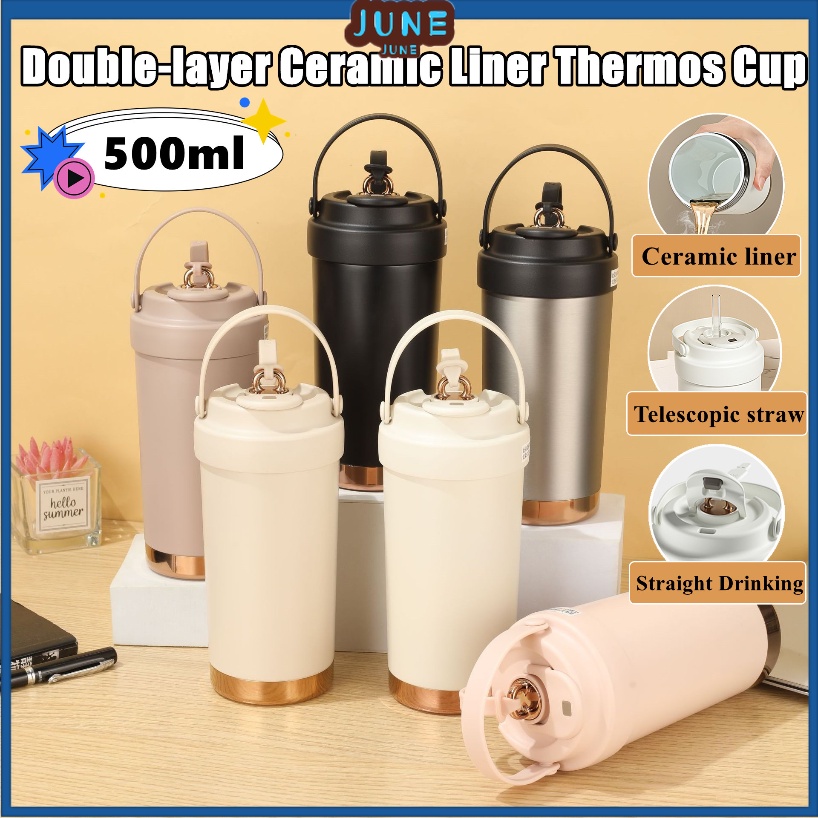 500ml Ceramic Liner Thermos Cup with Telescopic Straw 316 Stainless ...