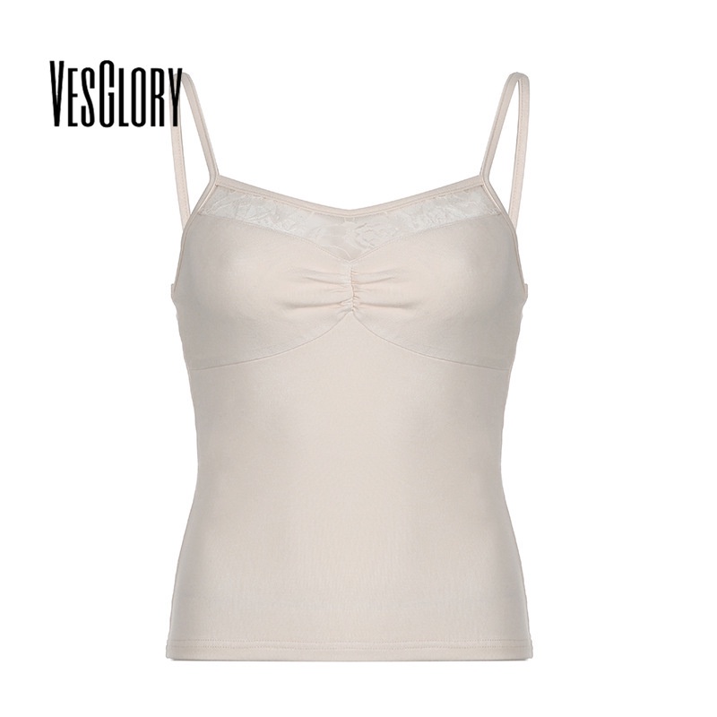 Vesglory Women Tank Top 2024 New Fashion Solid Color V Neck Backless Slim Fit Lace Camisoles