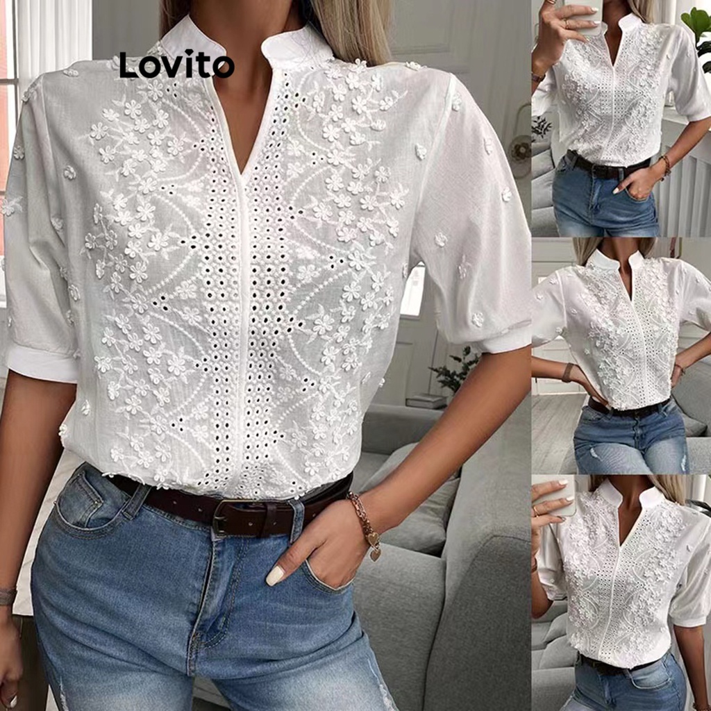 Lovito Casual Plain Lace A Line Blouse for Women LNE21087 (White ...