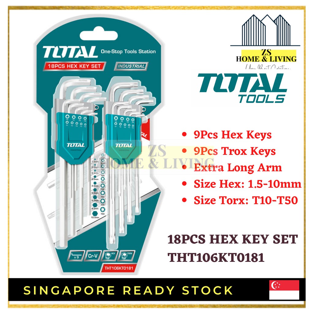 TOTAL 18PCS HEX KEY AND TORX KEY SET Portable Long arm Hex Key L Type ...