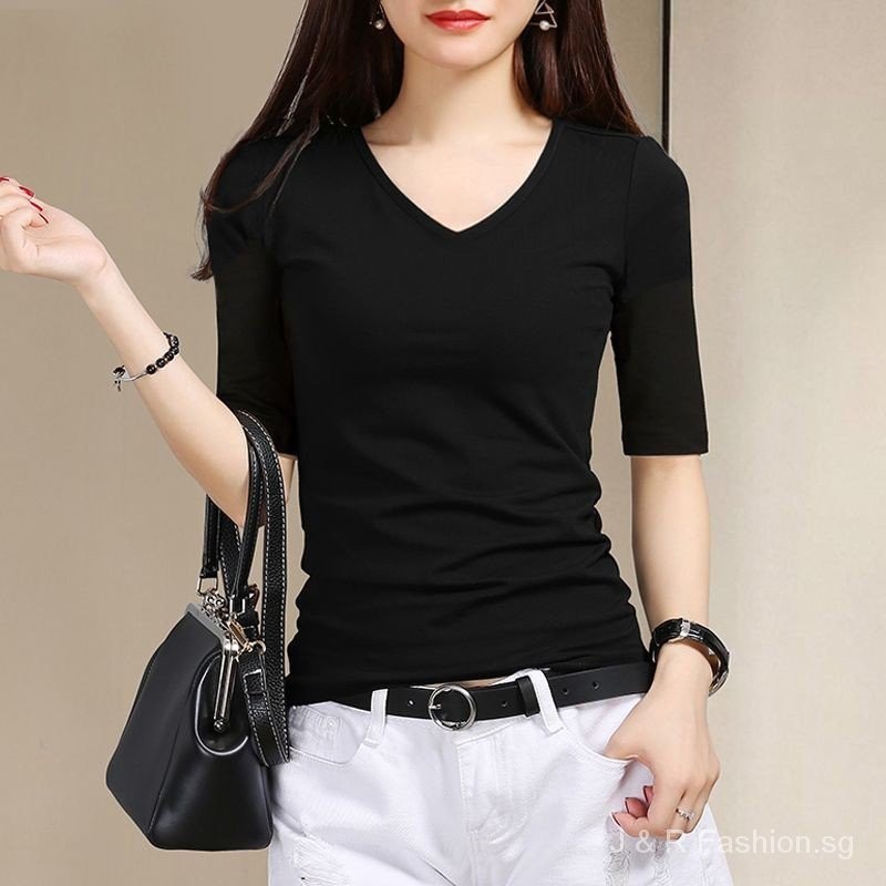 Slim Fit Black Modal Half Sleeve T-shirt Women's Half Sleeve Top 3/4 ...