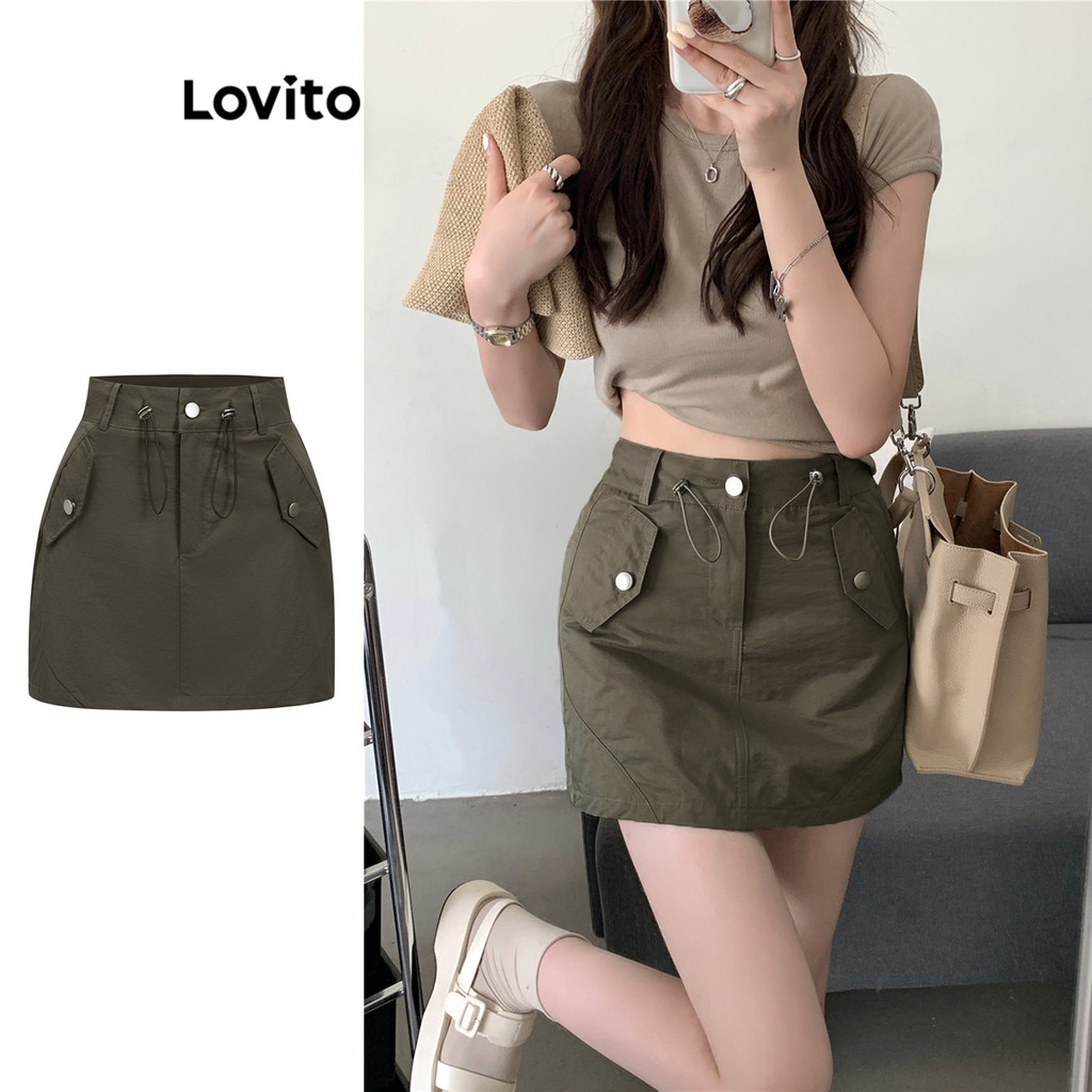 Lovito Casual Plain Fake Pocket Drawstring Skirts for Women L86ED105 ...