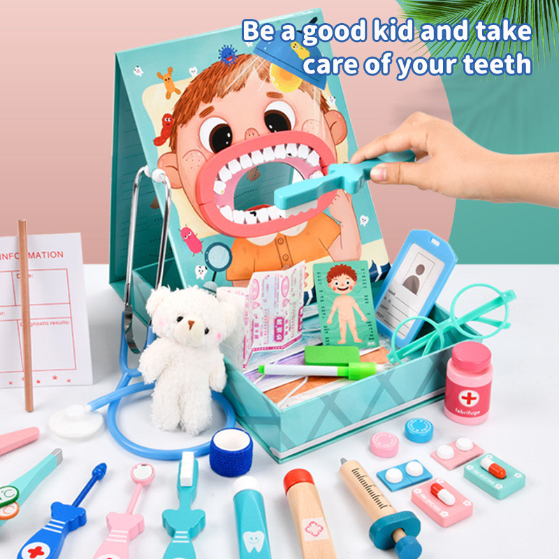 Kids Wooden Dentist Kit - Realistic Doctor Pretend Play Set for Early ...