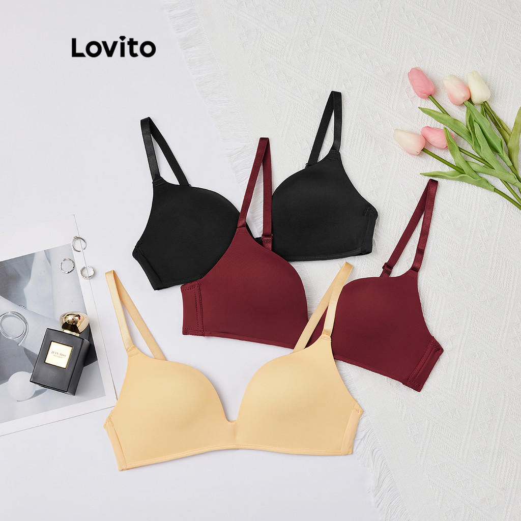 Lovito Casual Bralette Plain Wireless Push Up Full Cup Bras with Non ...