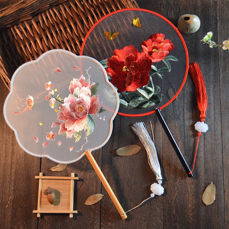 Classical Round Shaped Tuan Fan Double Sided Embroidery Peony Fan With ...
