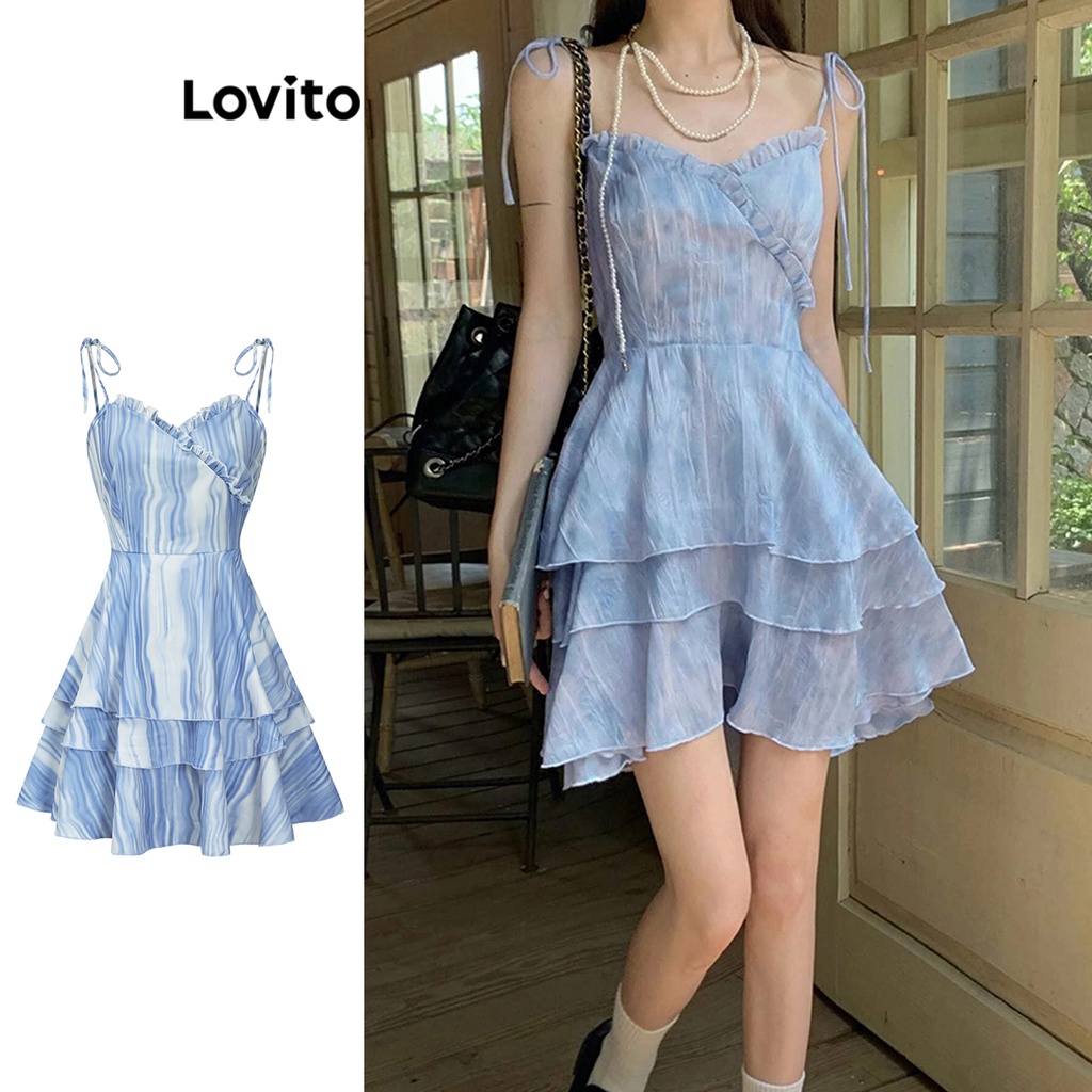 Lovito Boho Striped Smocked Tiered Layer Dress For Women L71ed233 Blue