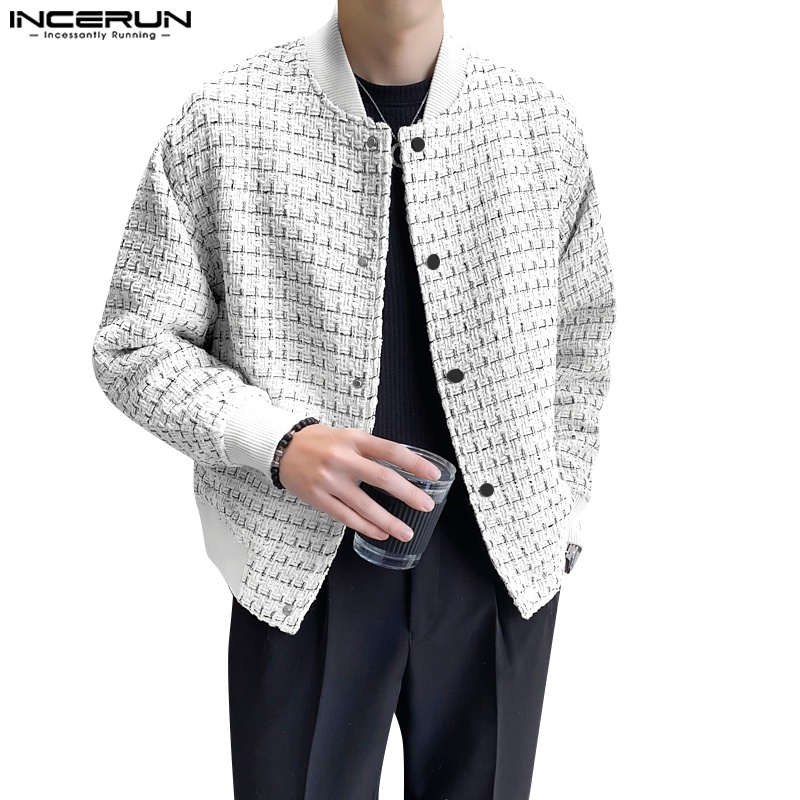 INCERUN Men's Jacket Plaid Collarless Long Sleeve Cardigan | Shopee ...