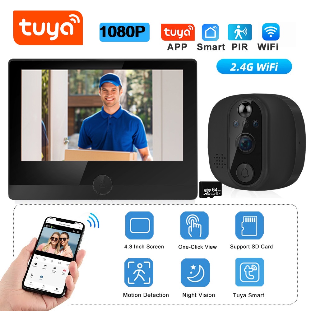 New WiFi Black Peephole Doorbell Camera 1080P 4.3Inch Door Peephole ...