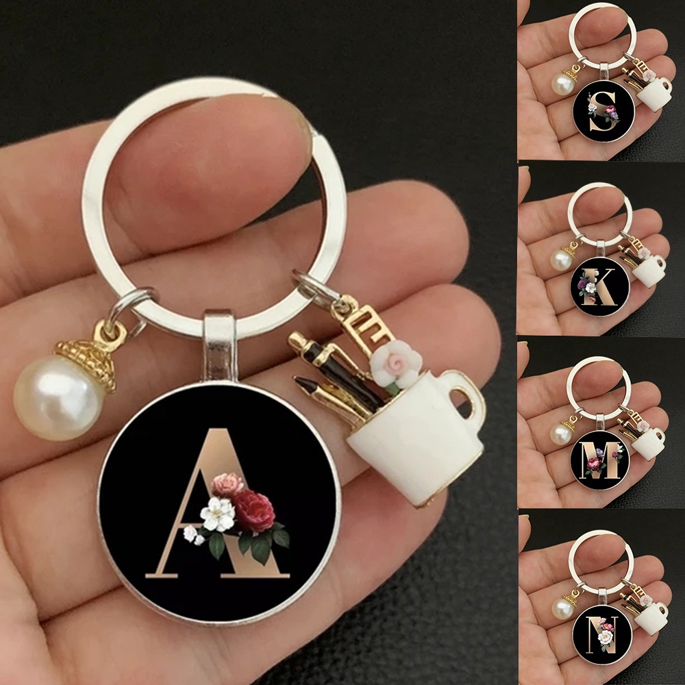 Elegant Imitation Pearl Key Chain Charm Enamel Pen Holder 26 Letters ...