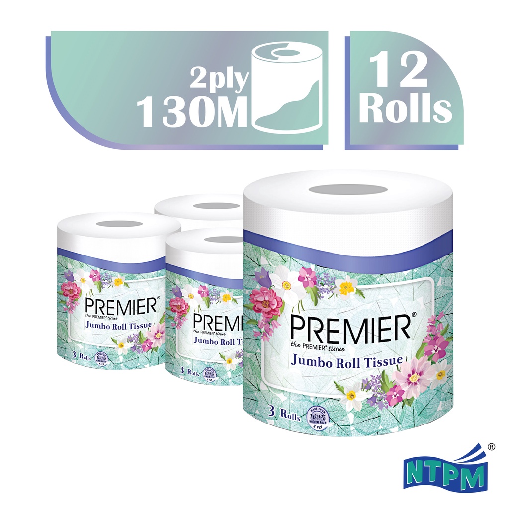 [12 Rolls] Premier Floral Pulp Jumbo Roll Tissue Paper 130m - Carton of ...