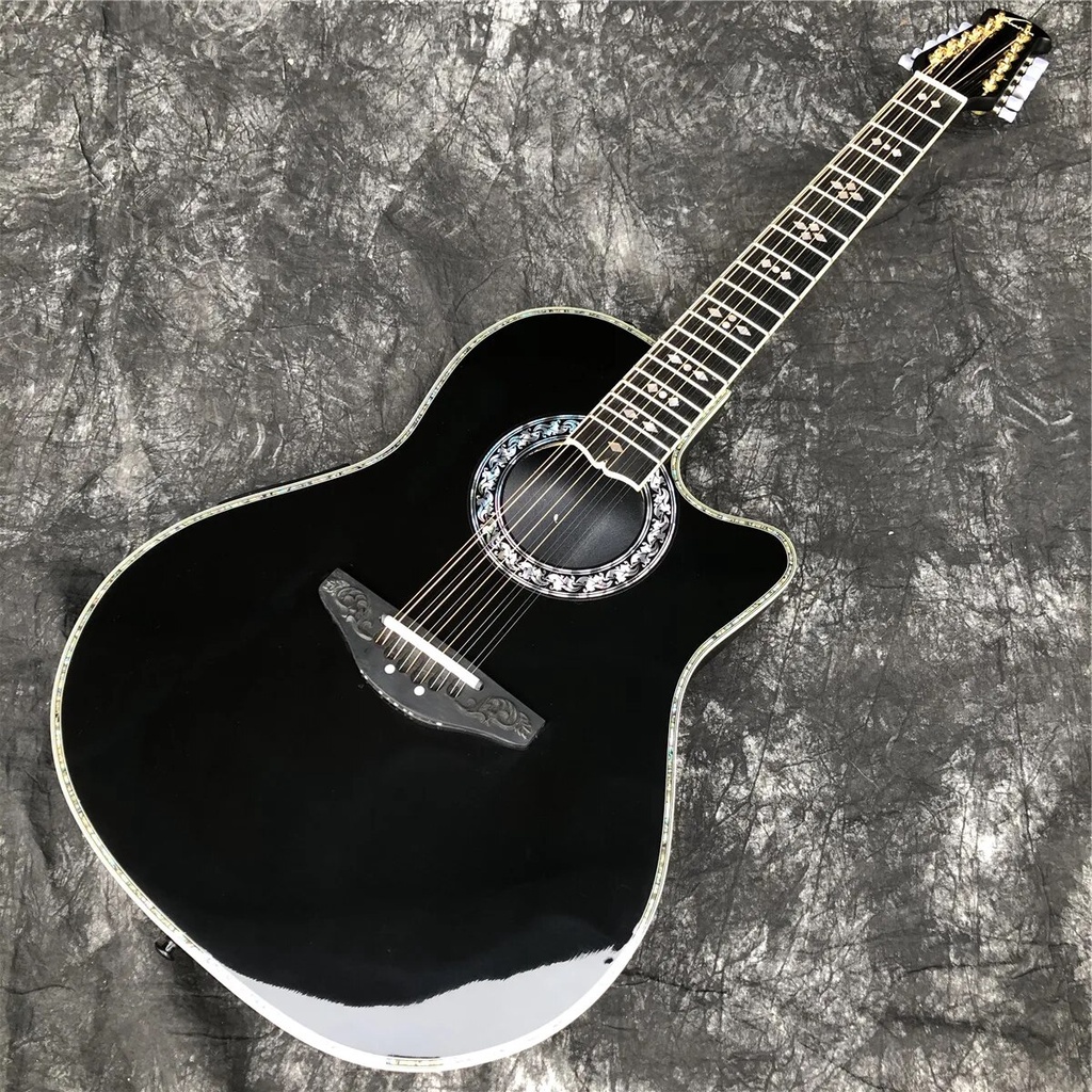 12 Strings Black Solid Spruce Acoustic Guitar Abalone Inlays Carbon ...