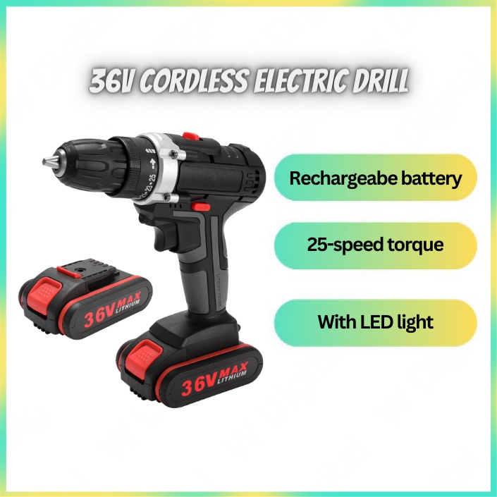 36V Electric Driller 25-Speed Cordless Double-Speed Adjustment LED ...