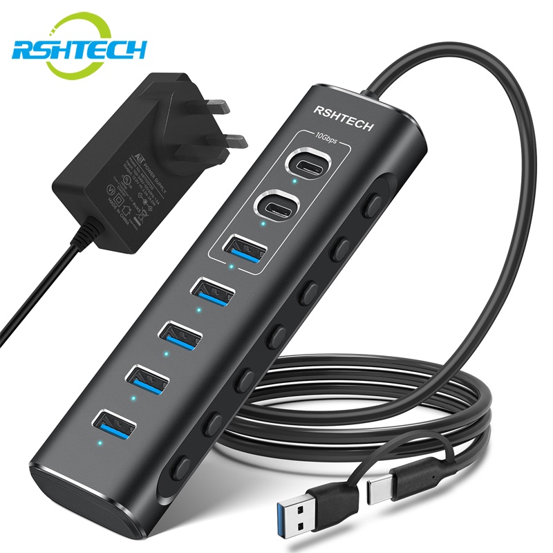 RSHTECH A107C Powered USB HUB 7-IN-1 10Gbps USB-A 3.2 USB-C 3.2 Individual Switches Adapter ...