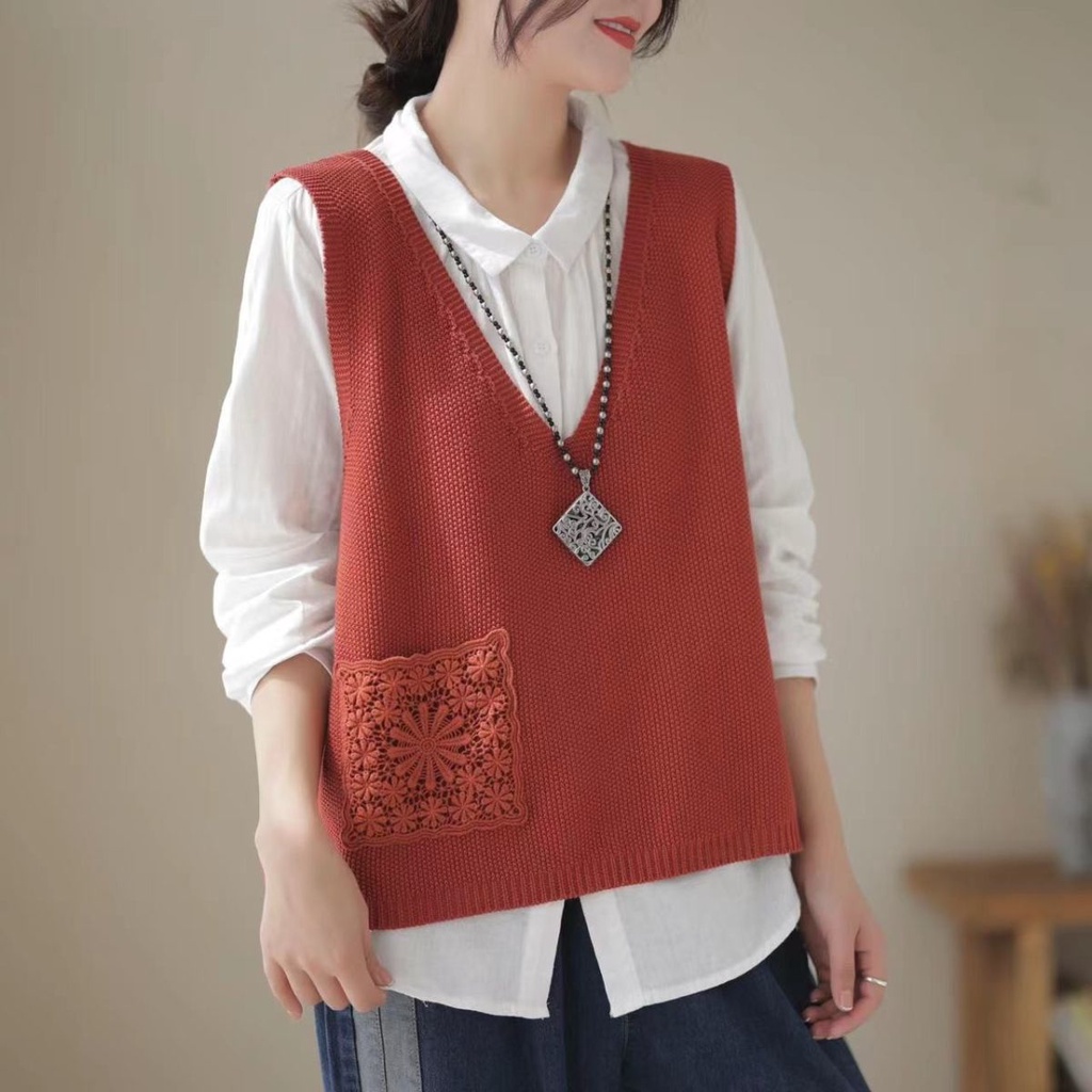 Autumn New Style Simple Retro Pure Cotton Knitted Vest Women | Shopee ...