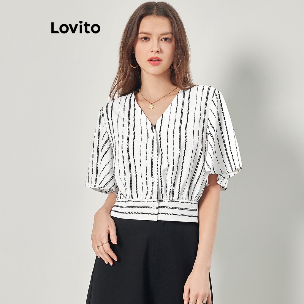 Lovito Elegant Striped Ruffle Button Front Blouse for Women L68ED271 (White) | Shopee Singapore