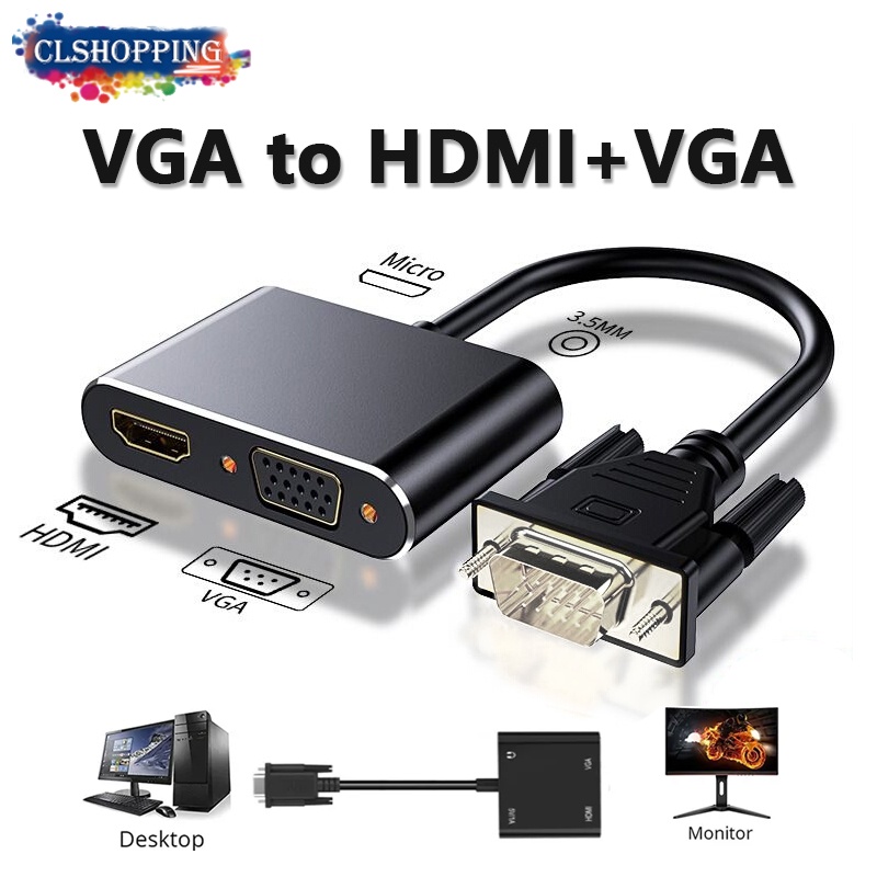 VGA to HDMI+VGA Adapter 1 in 2 Out with 3.5mm Audio cables Support VGA ...