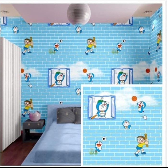 Wallpaper WALL / WALLPAPER STICKER DORAEMON MOTIF BLUE BRICK 45 CM x 9 ...