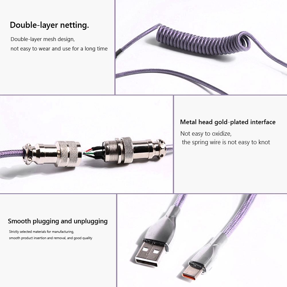 2 in 1 Spiral Coiled Wire Mechanical Keyboard Aviator Connector USB-C ...
