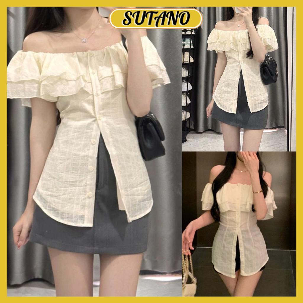 Off-the-shoulder shirt with short sleeves, women's ruffle-style shirt ...