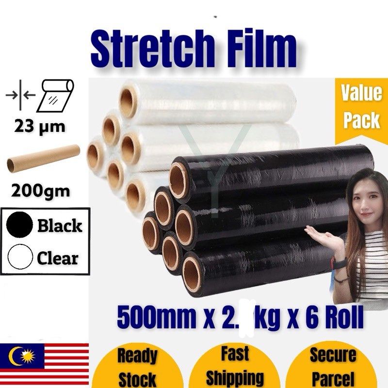 Black ️ Wrapping Stretch Film 23 Micron 500mm x 2.2 kg x 6 roll (Carton ...