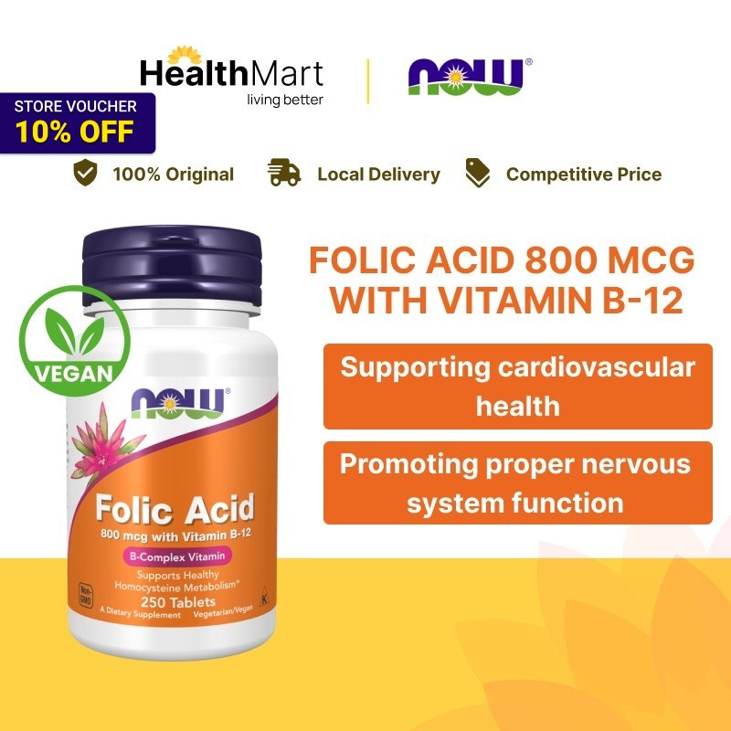 [SG] Now Foods, Folic Acid 800 mcg with Vitamin B-12, 250 Tablets ...