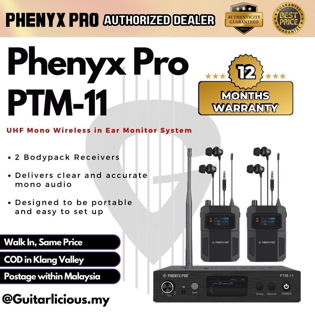 Phenyx Pro PTM-11 (2) UHF Mono Wireless in Ear Monitor System with 2 Bodypack Receiver ( PTM11 ...