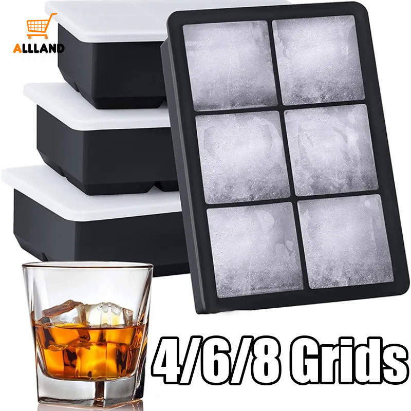 4/6/8Grids Big Square Ice Cube Tray With Lid Food Grade Silicone Ice ...