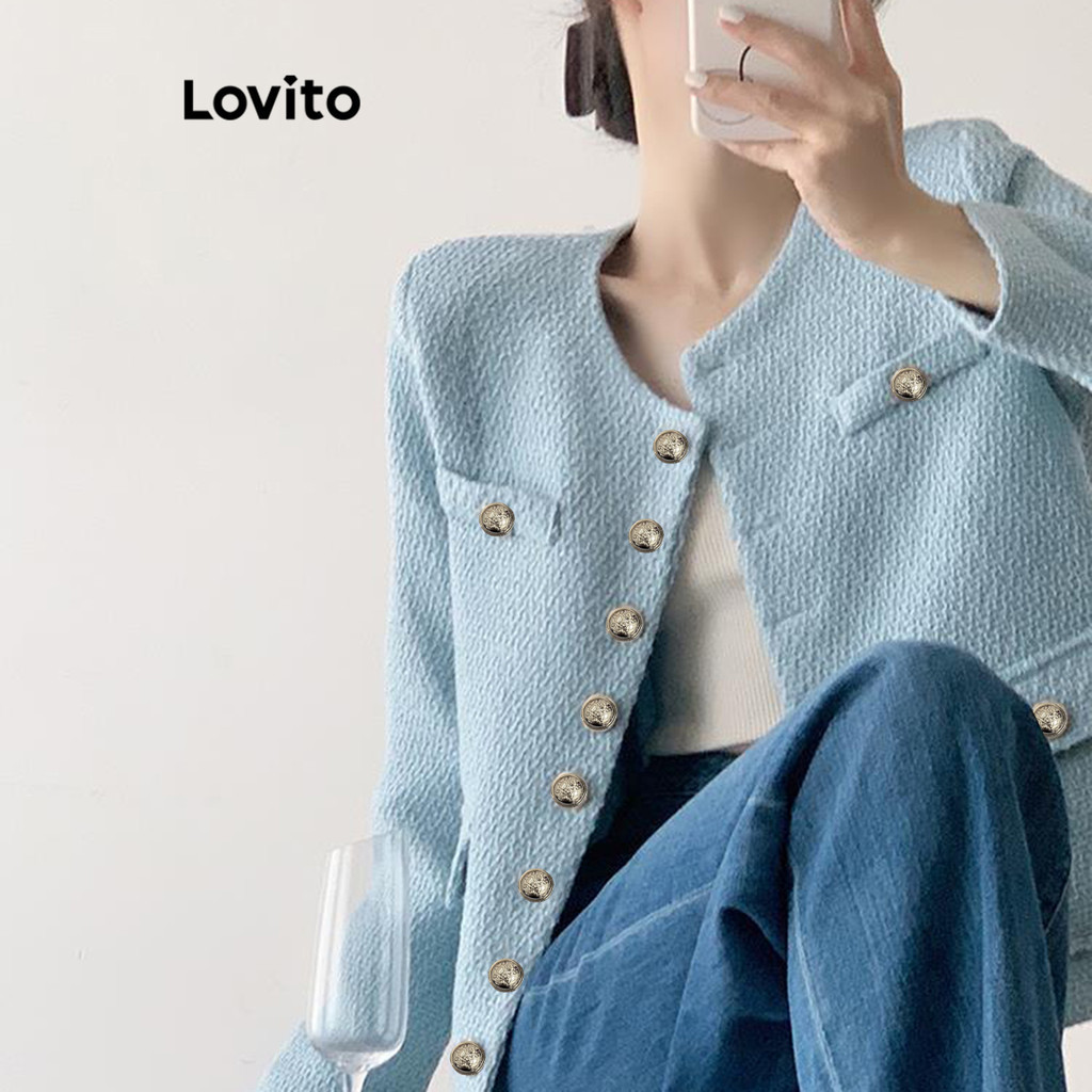 Lovito Casual Plain Button Front Pocket Jacket for Women LNA31158 (Blue ...