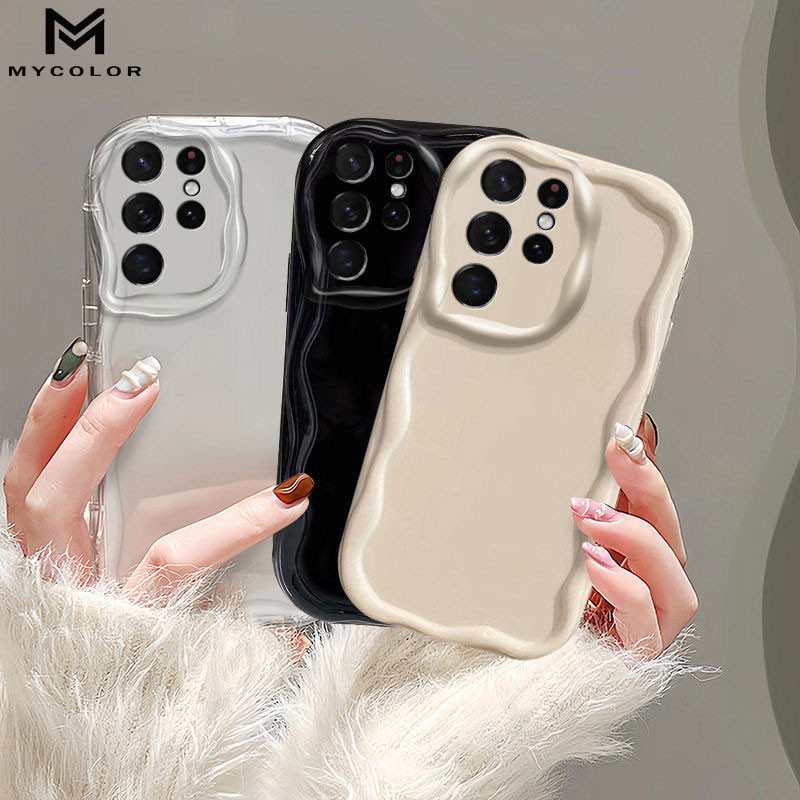 Wave Pattern Solid Color Cream Phone Case For Samsung ss Galaxy S25 S24 S23 S22 S21 S20 FE S25 ...
