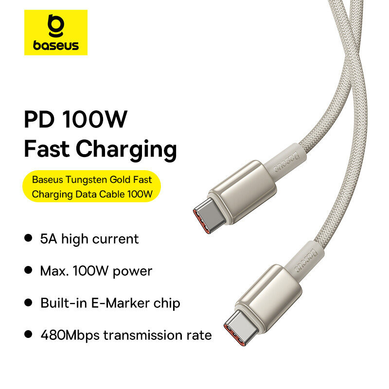 Baseus 100W Type-C to Type-C Tungsten Gold Fast Charging Data Transferrable Cable | Shopee Singapore