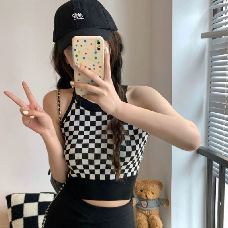 (3170) Knitted Tank Top Checkered Pattern Super Cute Comfortable To ...