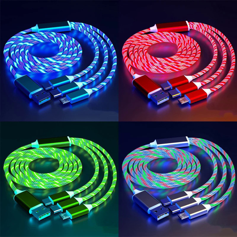Glowing LED 3 in 1 Charge Cable Flowing Streamer Light Fast Charge USB ...